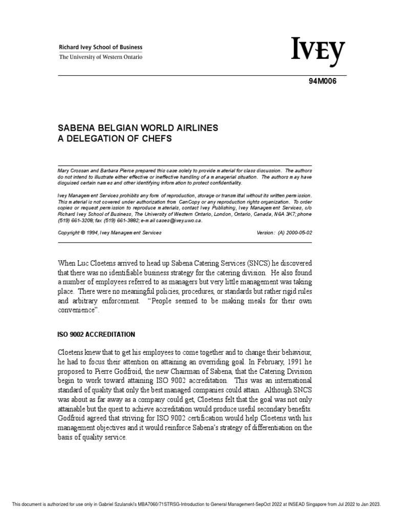 ISO Accreditation Drives Change at Sabena Catering | PDF