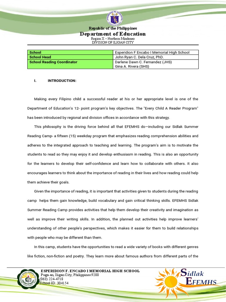 Sidlak Summer Reading Camp Report | PDF | Learning | Teachers