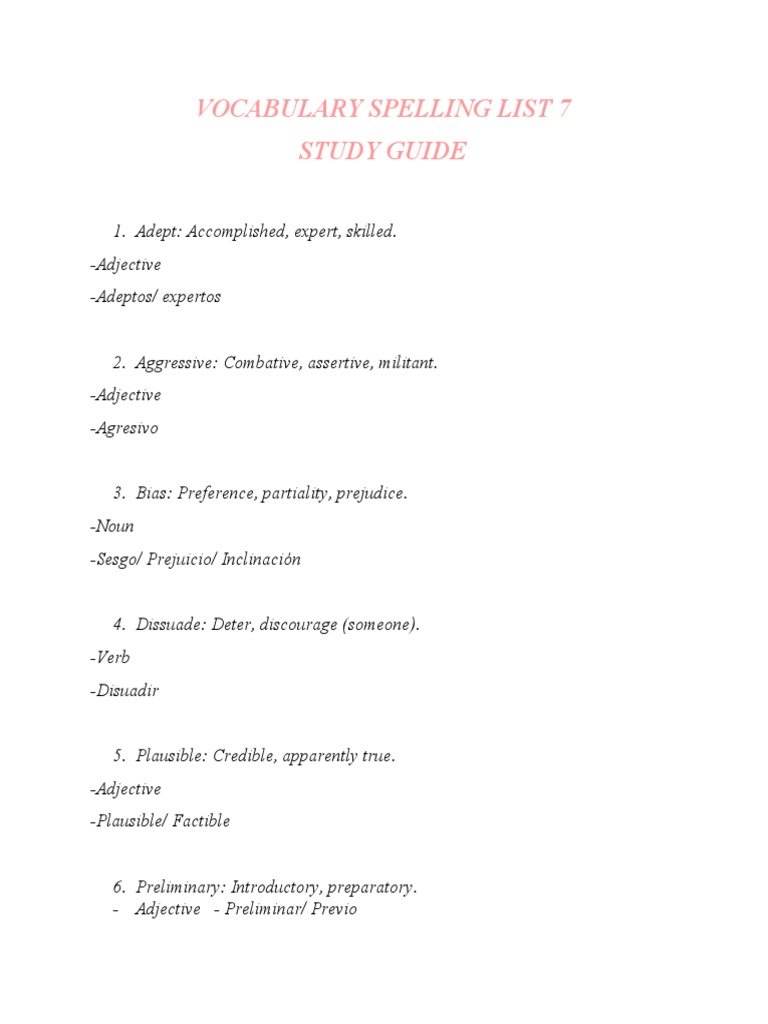Vocabulary Spelling List 7 | PDF
