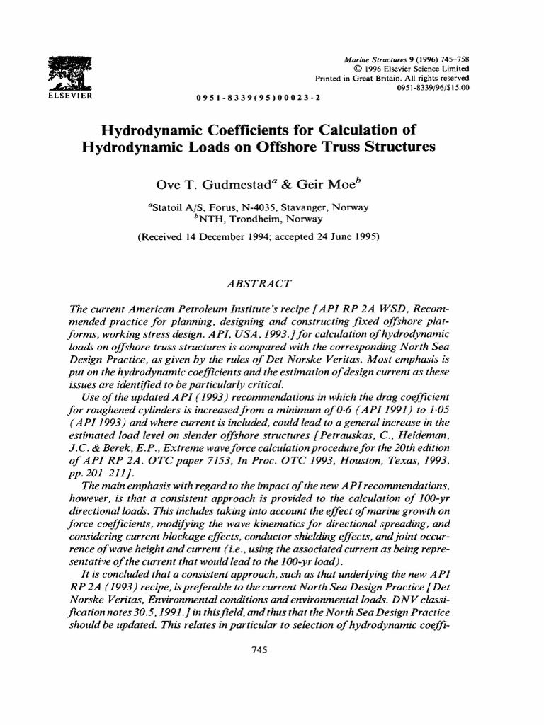 Hydrodynamic Coefficients For Calculation of Hydrodynamic Loads On Offshore Truss Structures | PDF
