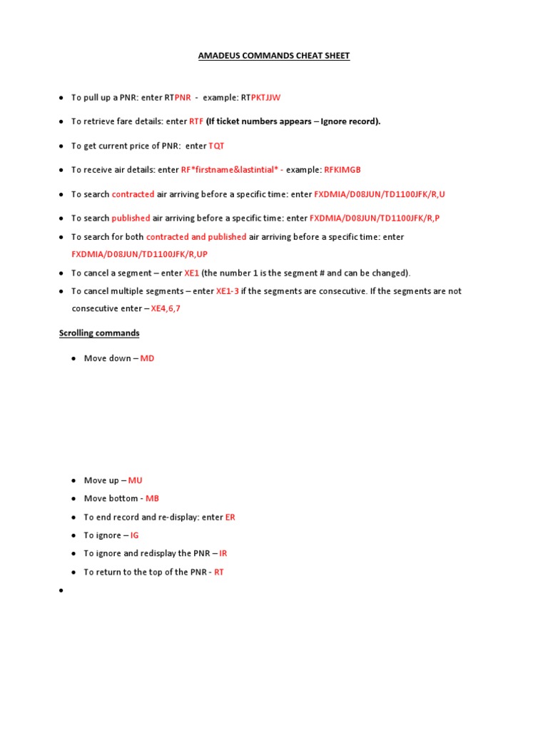 Amadeus Commands Cheat Sheet | PDF
