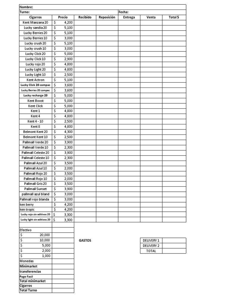Planilla Cigarros 2022 Actualizada | PDF