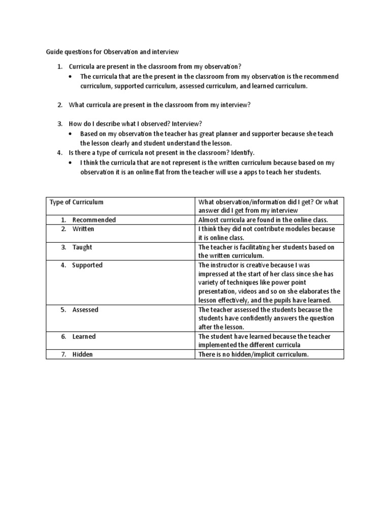 Guide Questions For Observation and Interview | PDF | Curriculum | Teachers