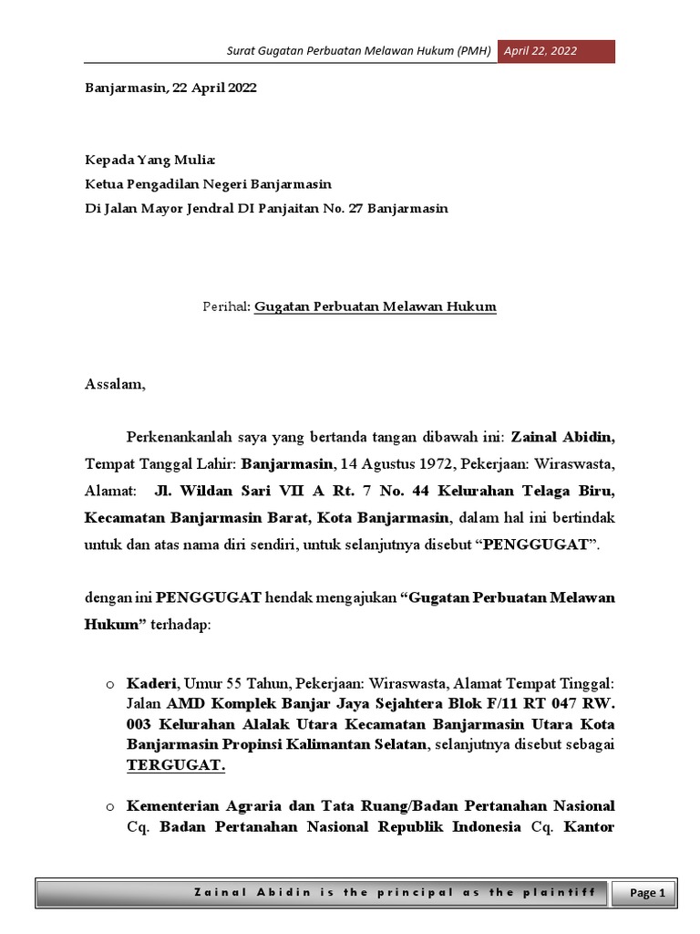 Surat Gugatan Perkara Perdata No. 50/Pdt.G/2022/PN - BJM | PDF