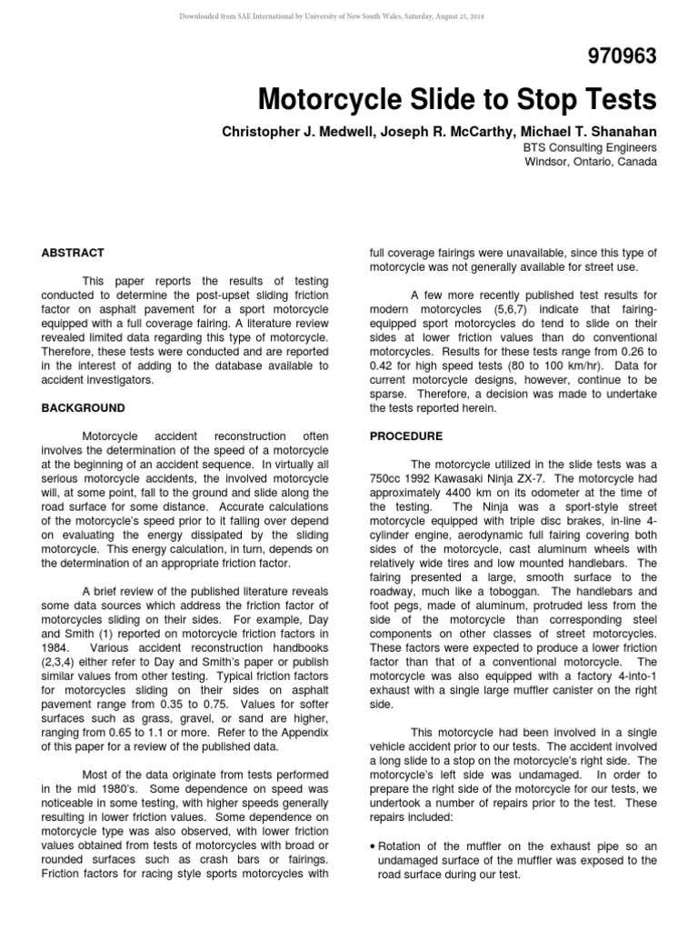 Motorcycle Slide To Stop Tests: Christopher J. Medwell, Joseph R ...