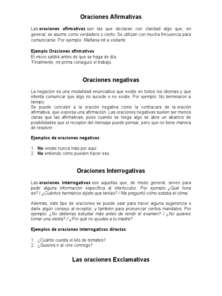 Tipos de oraciones: afirmativas, negativas, interrogativas ...