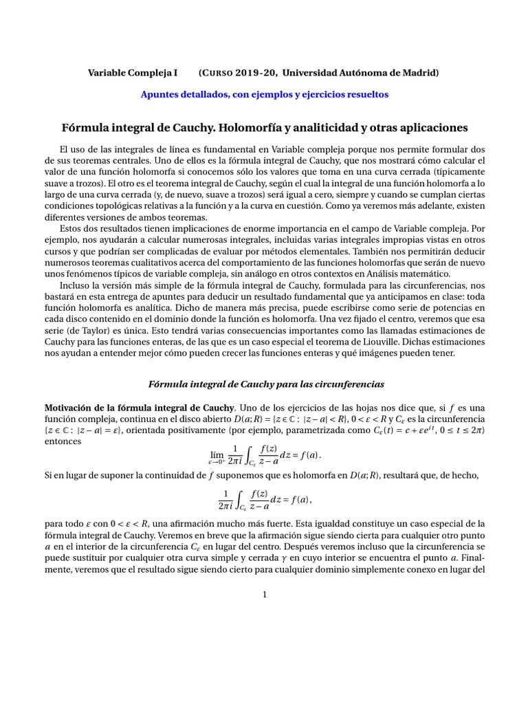 Fórmula Integral de Cauchy en Variable Compleja | PDF