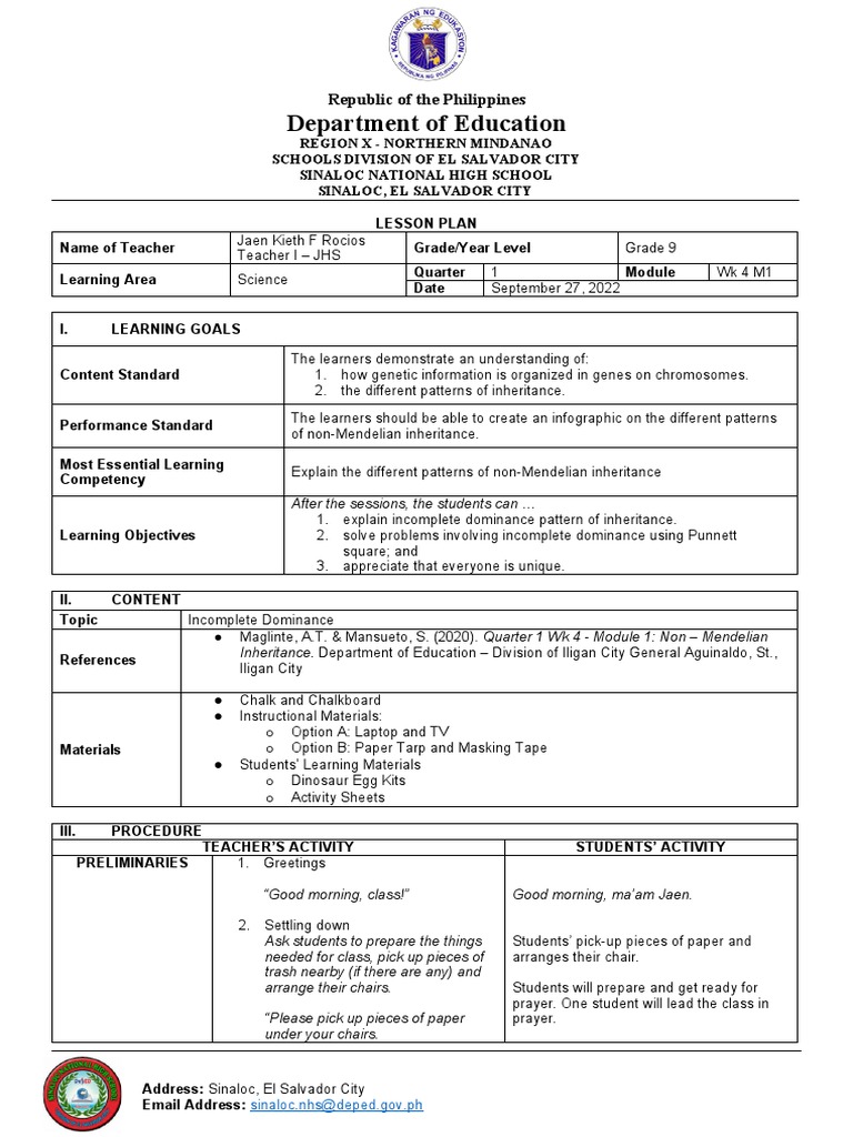 Lesson Plan - COT 1 - Incomplete Dominance | PDF | Genotype | Genetics