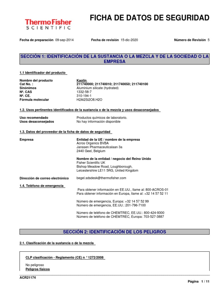 Ficha de Seguridad Caolín. | PDF | Residuos | Agua