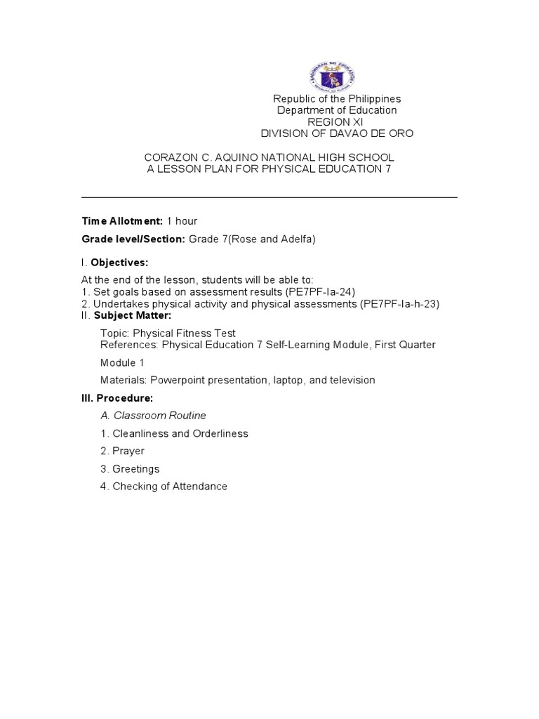 Physical Fitness Test Results and Goal Setting | PDF