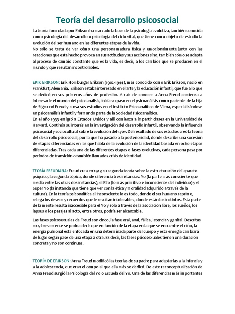 Teoría Del Desarrollo Psicosocial de Erik Erikson | PDF | Psicoanálisis | Mente inconsciente