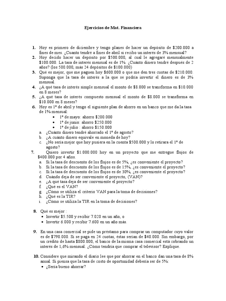 Ejercicios de VAN | PDF | Costo de oportunidad | Bancos
