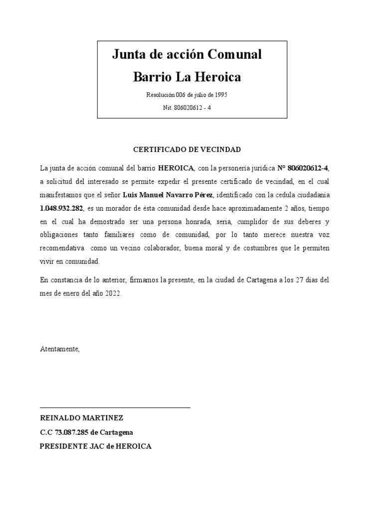 Certificado de Vecindad | PDF