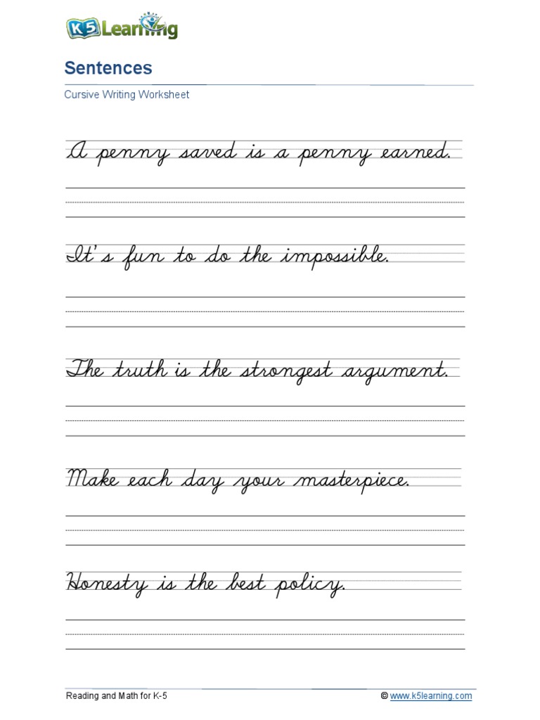 Cursive Writing Worksheets For 6th Grade