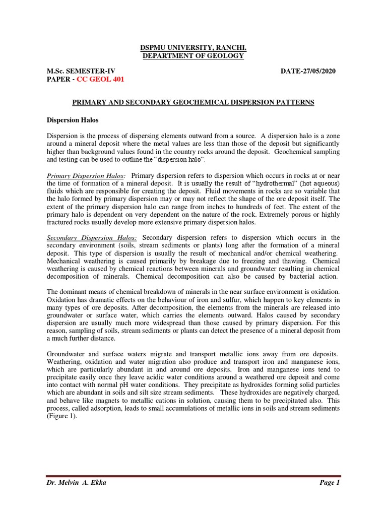 PRIMARY AND SECONDARY GEOCHEMICAL DISPERSION PATTERNS | PDF | Soil ...