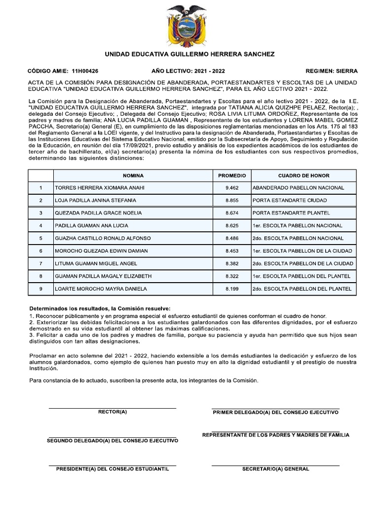 Acta de Abanderados 2021-2022 PDF | PDF