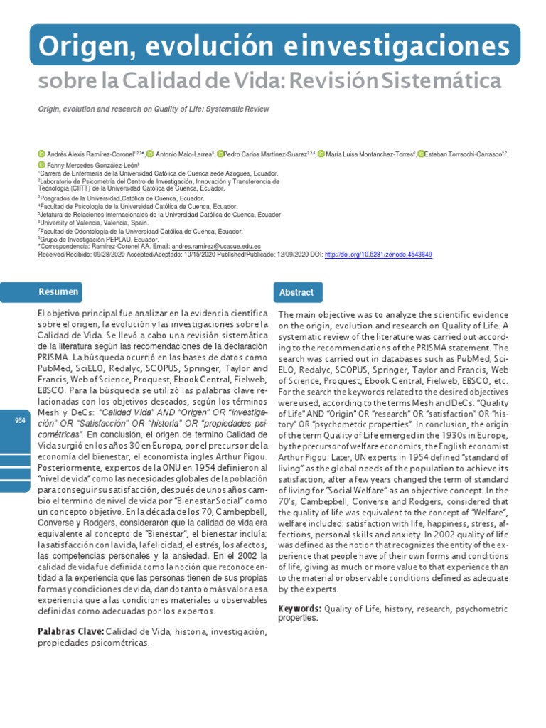Origen, Evolución e Investigaciones Sobre La Calidad de Vida. Revisión ...