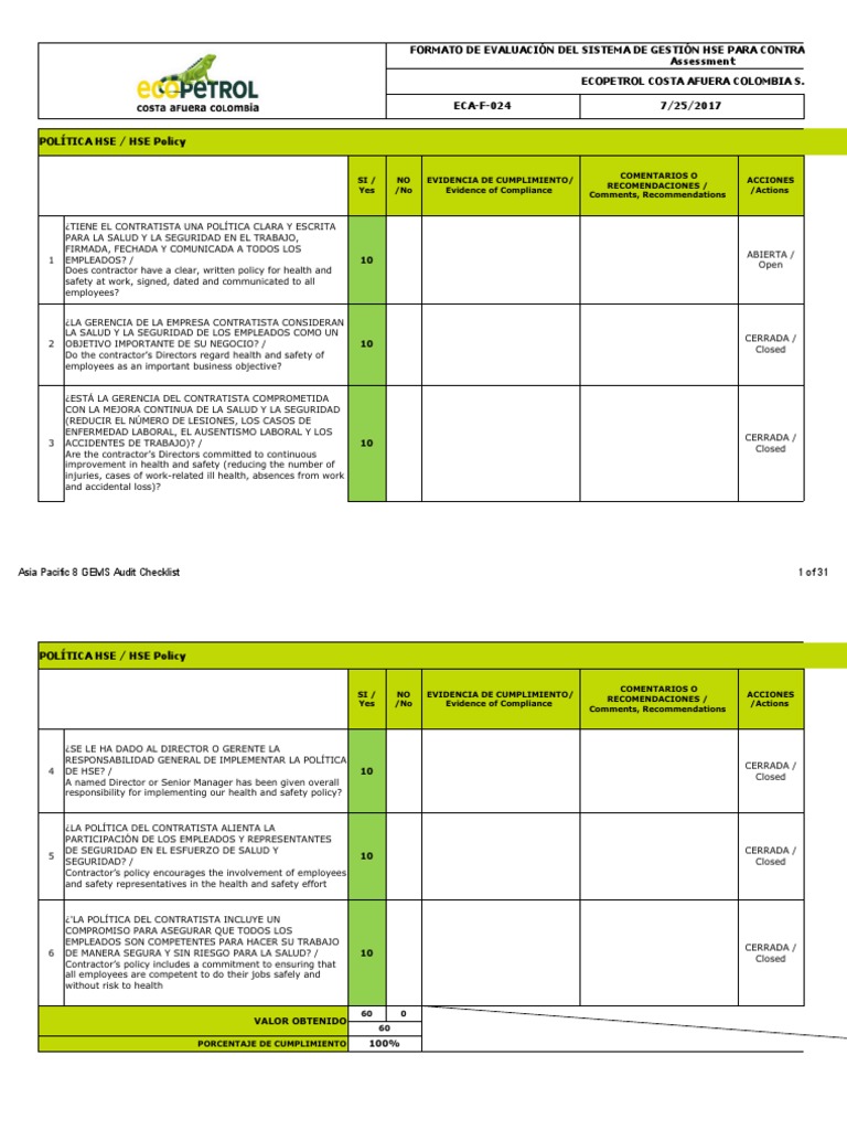 ECA-F-024 Formato de Evaluacion Del Sistema de Gestion HSE para ...