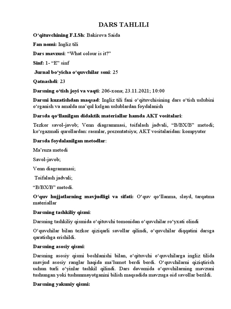 Dars Tahlili (Iskandarova Dilfuza) | PDF