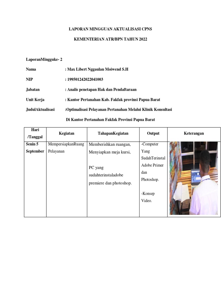 Format Laporan Mingguan Aktualisasi Cpns Atrbpn Minggu Ke 2 | PDF
