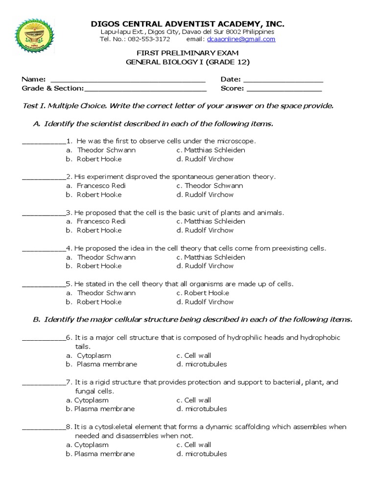 Grade 12 Biology Exam: Cell Theory & Structures | PDF | Cell (Biology ...