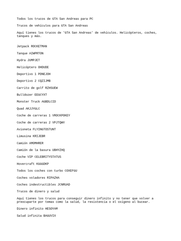 Todos Los Trucos de GTA San Andreas para PC | PDF