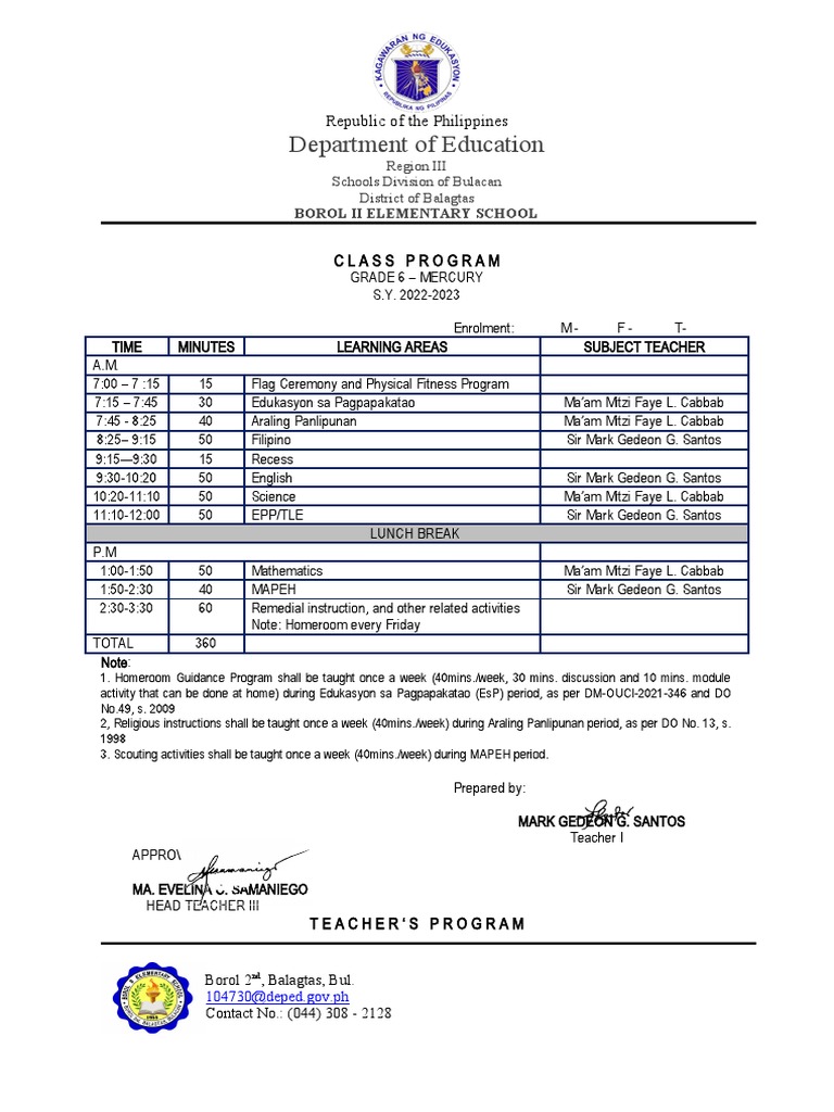 Grade 6 - Class Program | PDF | Educational Organizations | Educational ...
