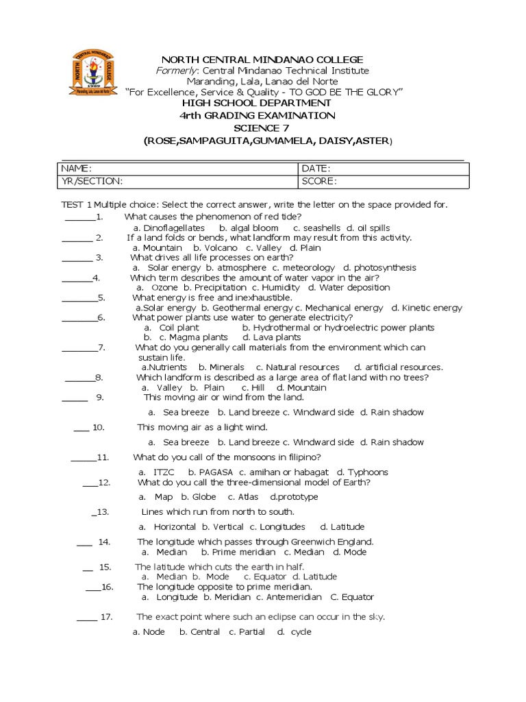 Science 7, Fourth Quarter Exam | PDF | Solar Eclipse | Longitude