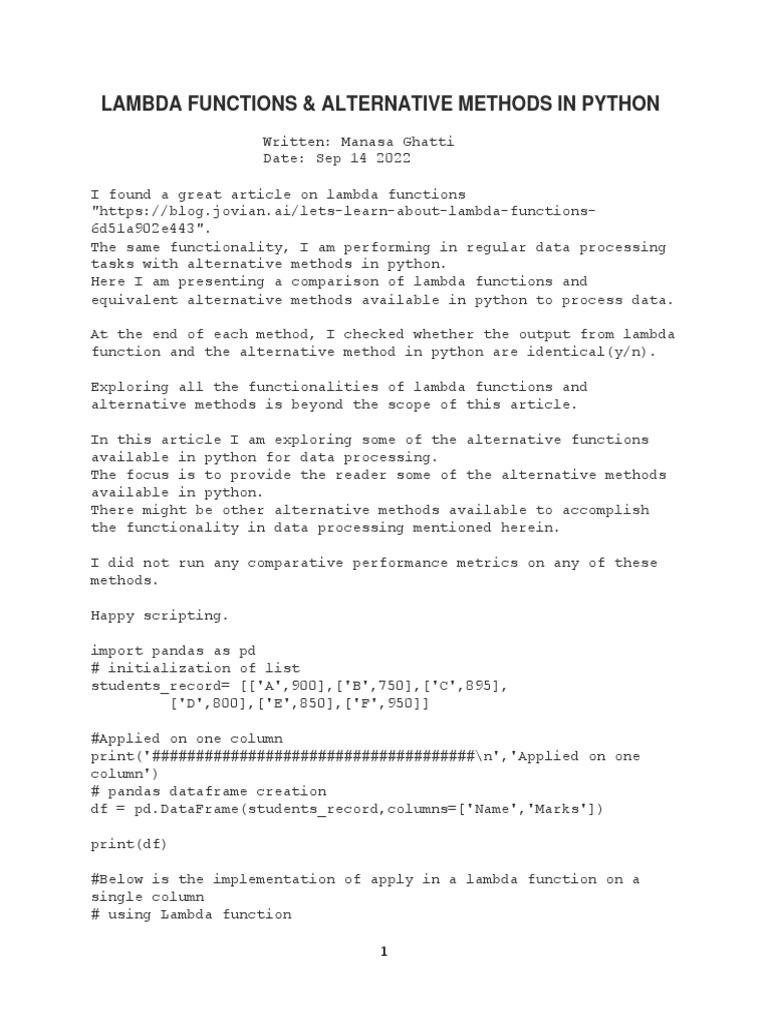 Lambda Functions & Alternative Methods in Python | PDF