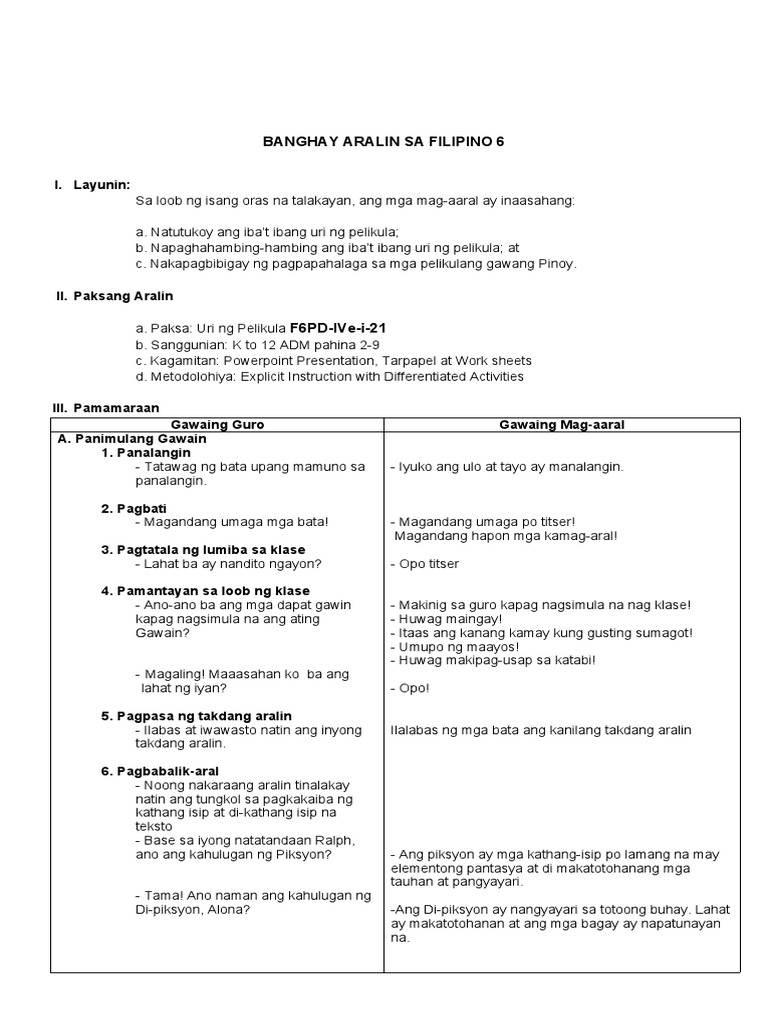 bANGHAY ARALIN SA fILIPINO 6 Q41 | PDF