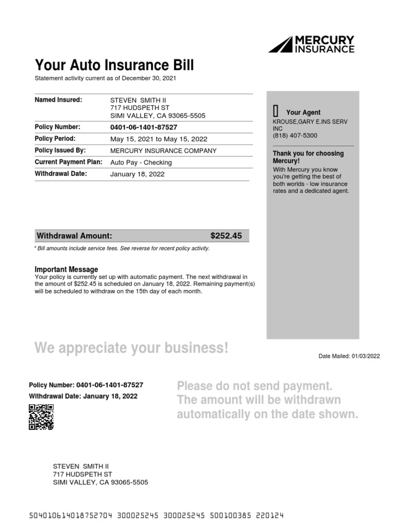 Mercury Auto Insurance Bill 2021-12-30 | PDF | Fee | Vehicle Insurance