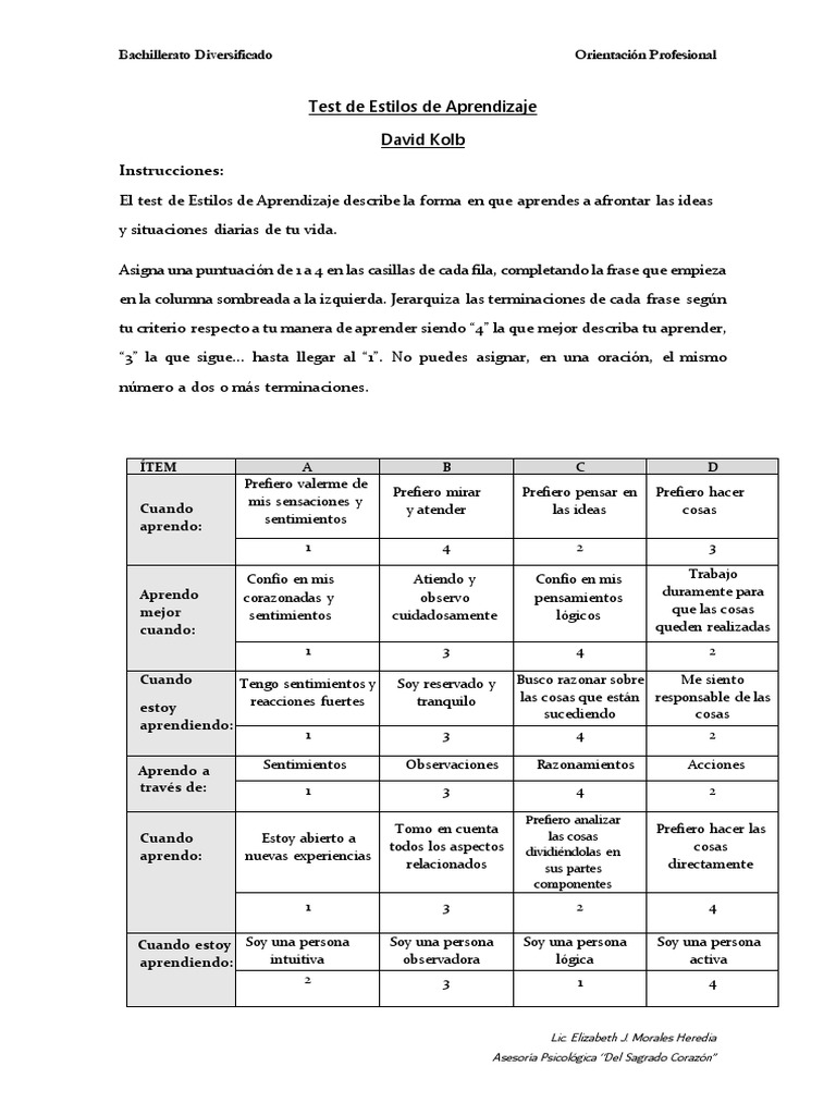 Test de Estilos de Aprendizaje Kolb | PDF | Aprendizaje | Aprendiendo ...