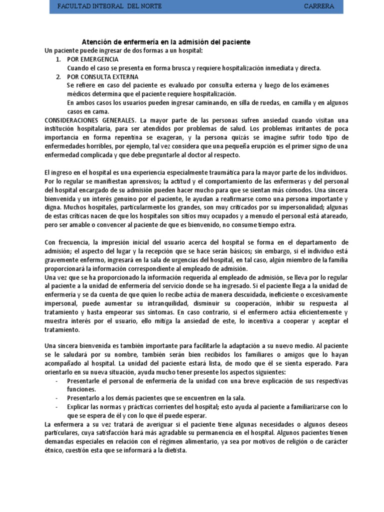 Proceso de Admisión del Paciente en Enfermería | PDF | Hospital ...