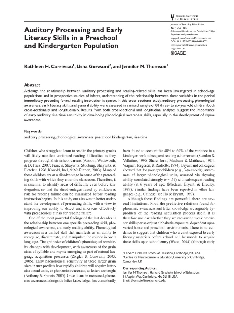 Auditory Processing and Early Literacy Skills in A Preschool and ...