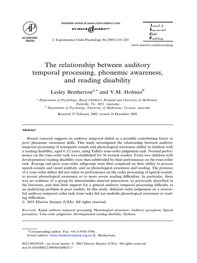 The Relationship Between Auditory Temporal Processing, Phonemic Awareness, and Reading ...