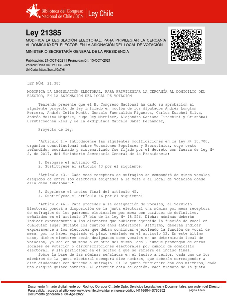 Ley 21385 - 21 OCT 2021 | PDF | Votación | Elecciones