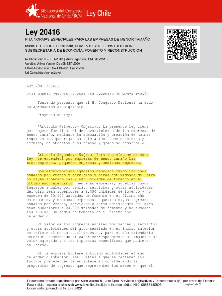 Ley 20416 | PDF | Ministerio (Departamento de Gobierno) | Pequeñas y ...
