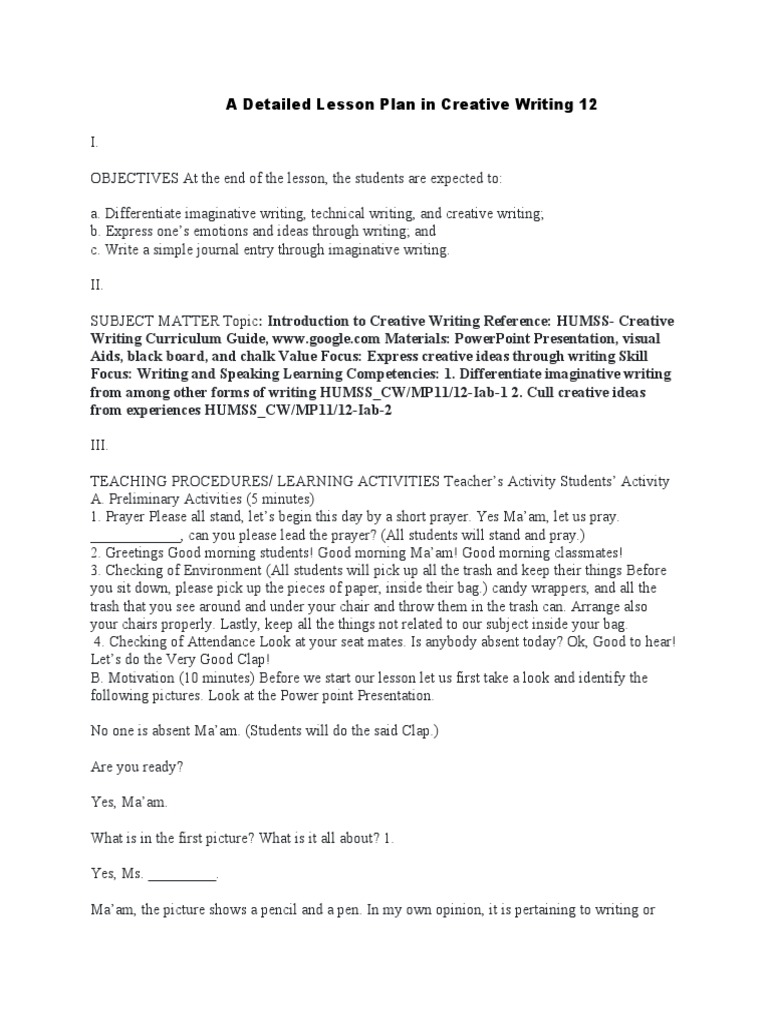 A Detailed Lesson Plan in Creative Writing 12 | PDF | Essays | Thought