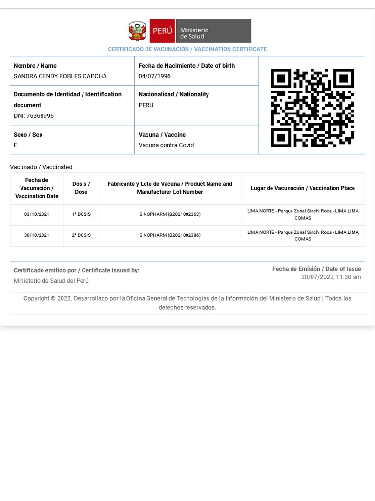 MINSA - Carnet Vacunación | PDF