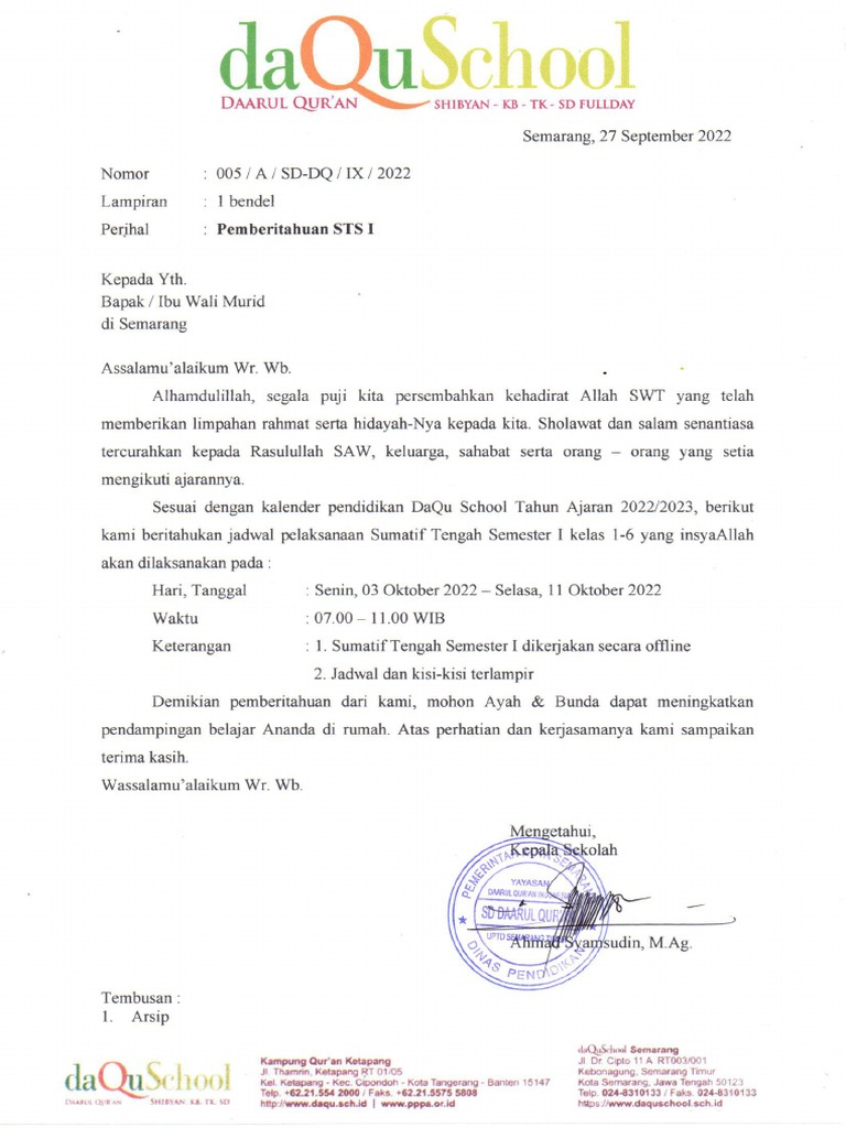 Jadwal Ujian Kelas 1 Daqu School | PDF
