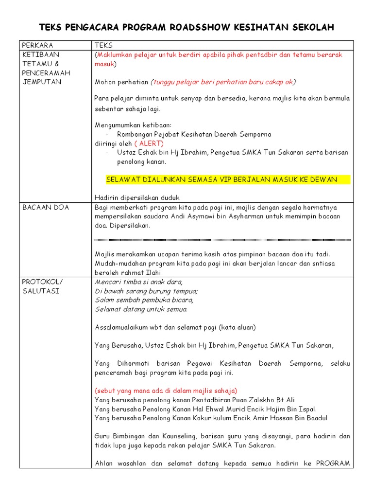 Teks Pengacara Program Roadshow Kesihatan Sekolah | PDF