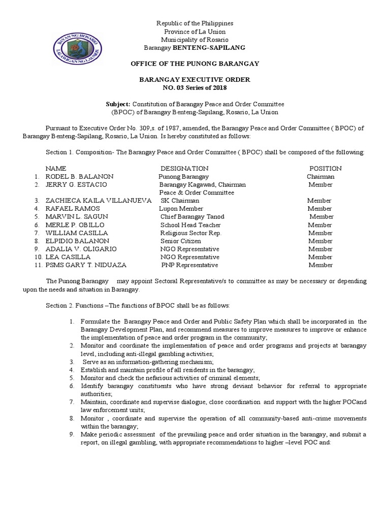 Constitution of the Barangay Peace and Order Committee of Barangay ...