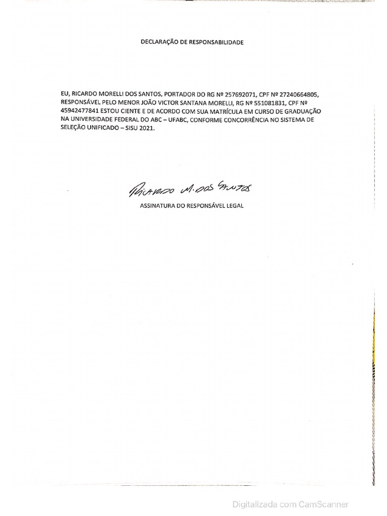 Declaração de Responsável Legal - João Victor Santana Morelli | PDF Declaração de Responsável Legal - João Victor Santana Morelli | PDF
