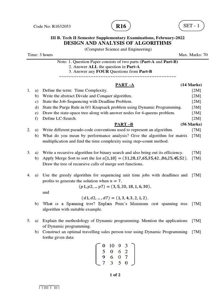 Design and Analysis of Algorithms Feb 2022 | PDF | Dynamic Programming | Time Complexity