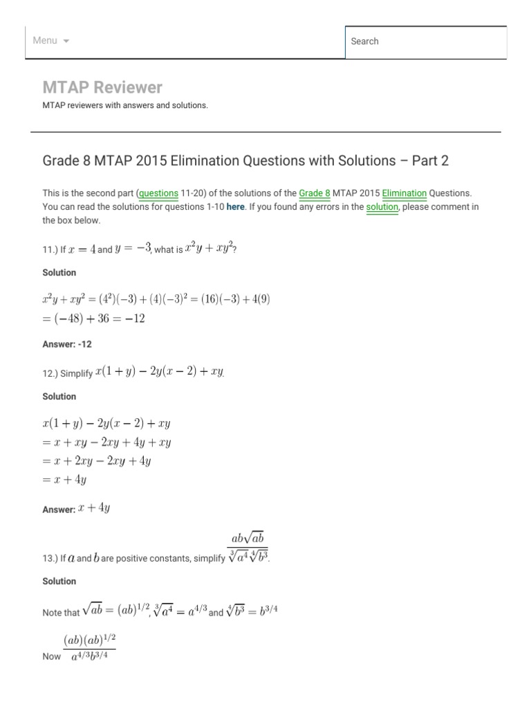 Grade 8 MTAP 2015 Elimination Questions With Solutions | PDF | Area | Speed