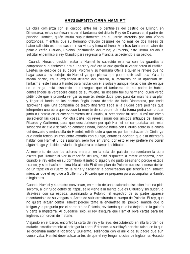 Argumento de La Obra Hamlet | Descargar gratis PDF | Aldea