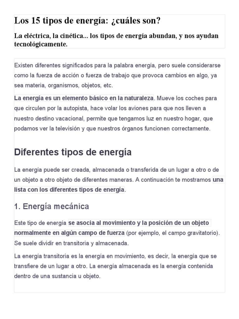 Los 15 Tipos de Energía | PDF | La energía nuclear | Energía potencial