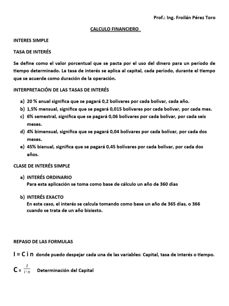 Cálculo del interés simple y determinación de variables financieras ...