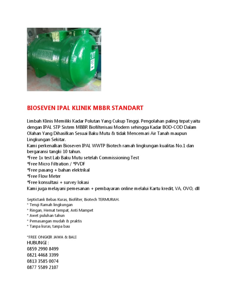 Bioseven IPAL Klinik MBBR Ramah Lingkungan | PDF