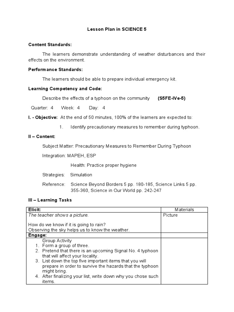 Lesson Plan in SCIENCE 5 During A Typhoon | PDF